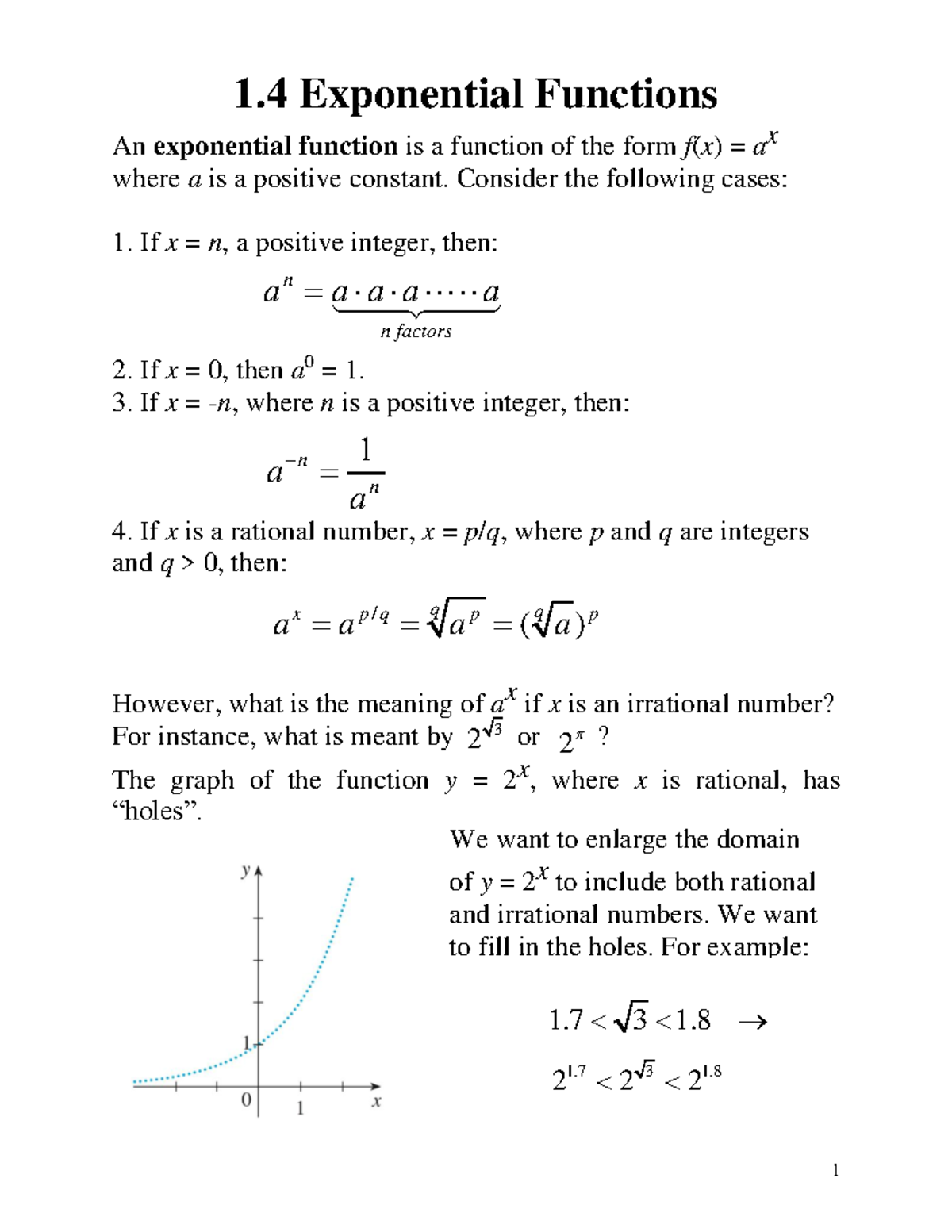1 - lecture notes important for first quiz - 1. 4 Exponential Functions ...