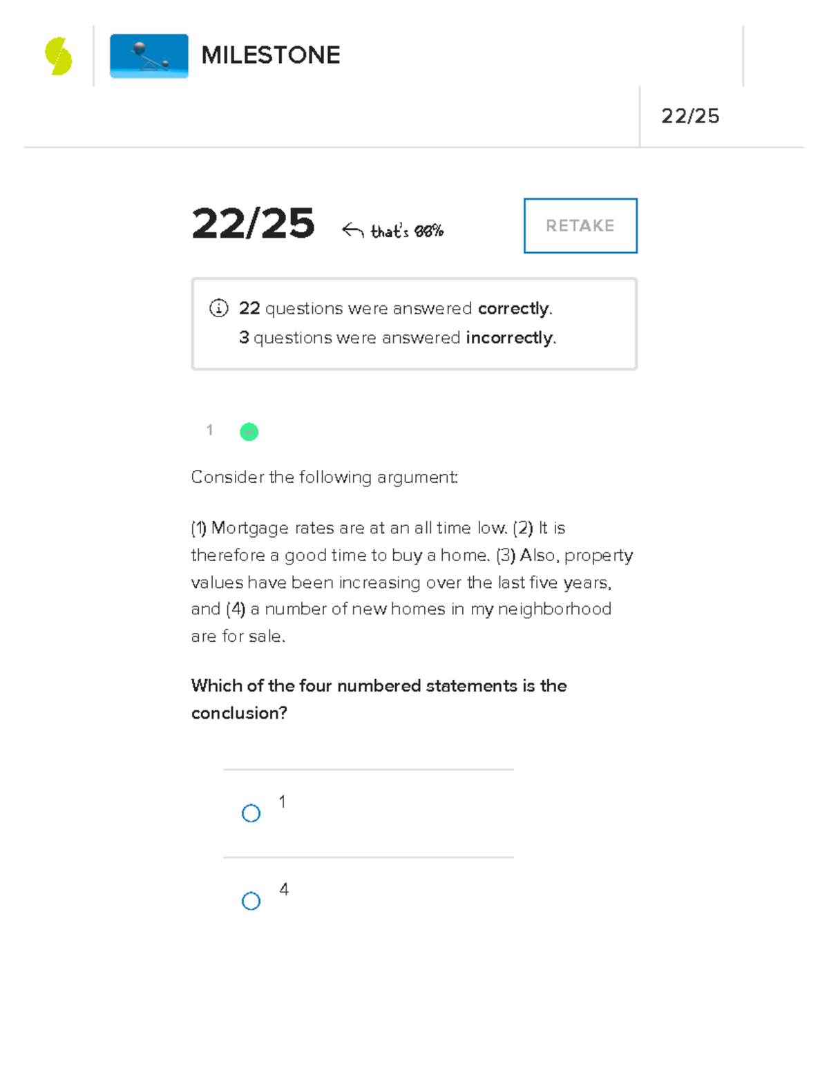 Ethics - Final Milestone - 1 22 / 25 that's 88% RETAKE 22 questions ...