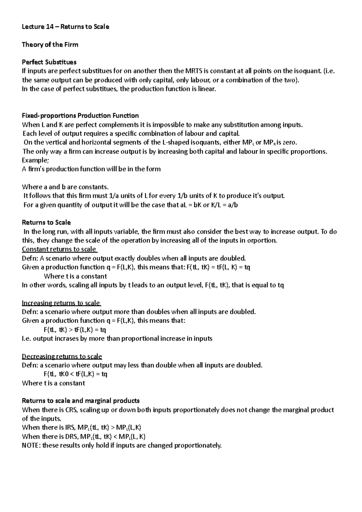 Lecture 14 - Lecture 14 – Returns to Scale Theory of the Firm Perfect Substitues If inputs are ...