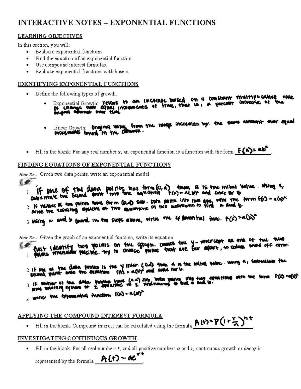 Interactive Notes 7 - INTERACTIVE NOTES – EXPONENTIAL FUNCTIONS ...