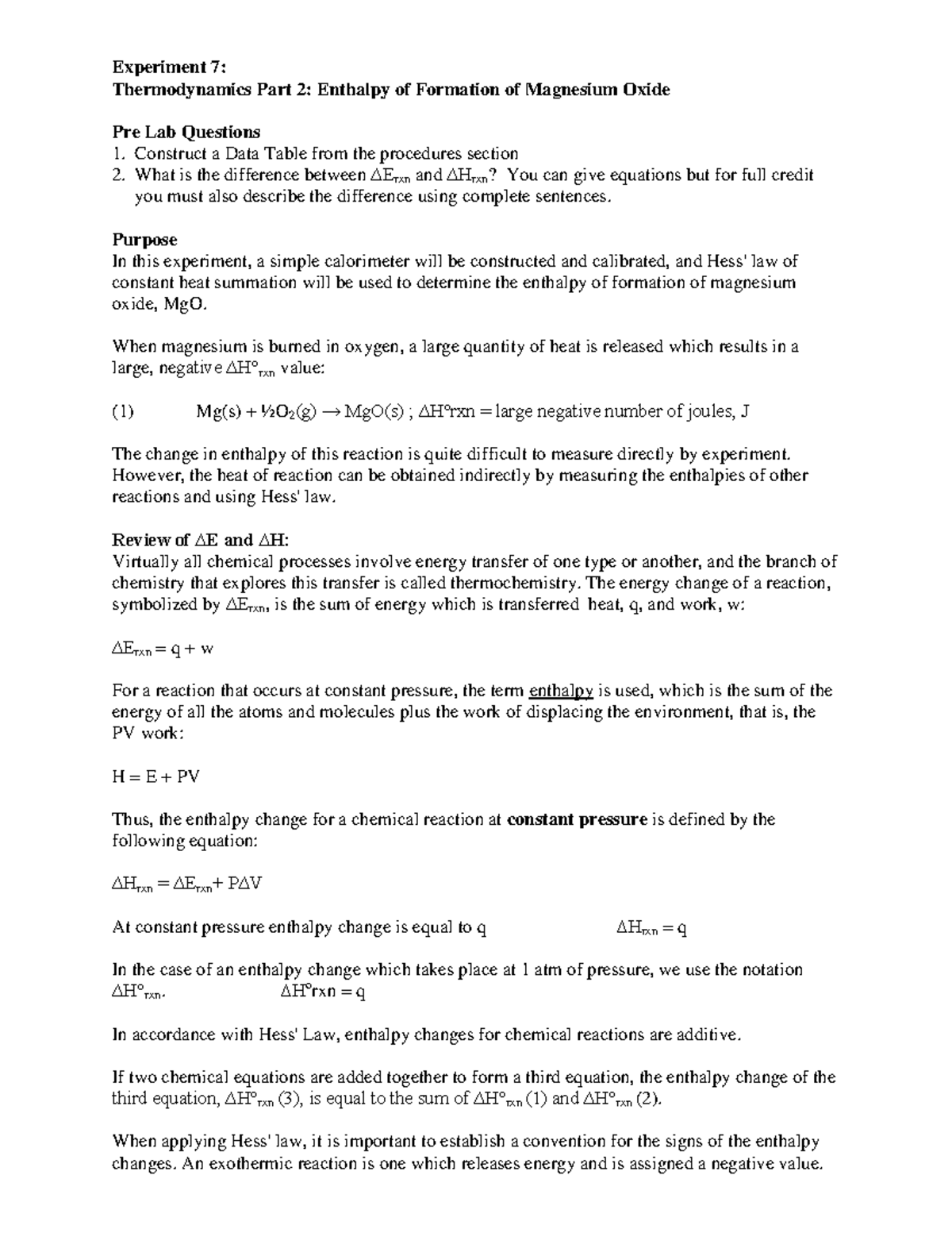 161 Lab 7 Calorimetry II - Experiment 7: Thermodynamics Part 2 ...