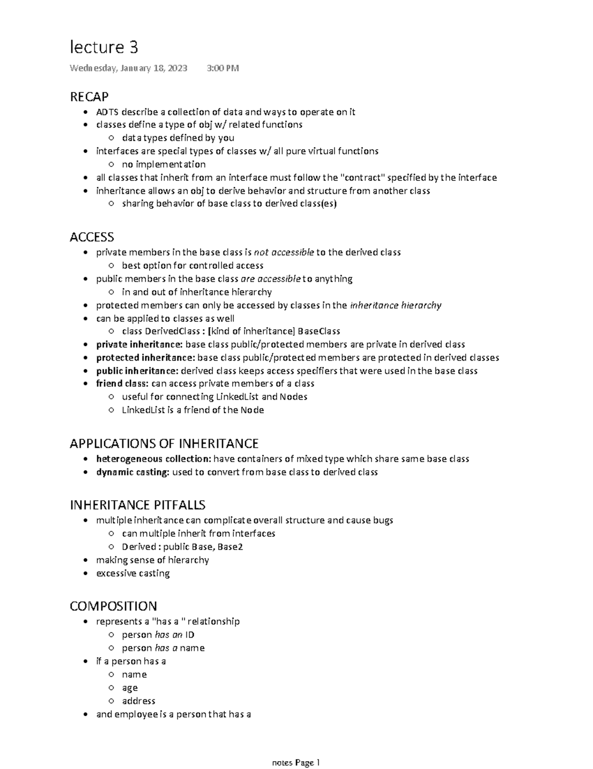 Lecture 3 - lect3 - RECAP ADTS describe a collection of data and ways to operate on it classes ...