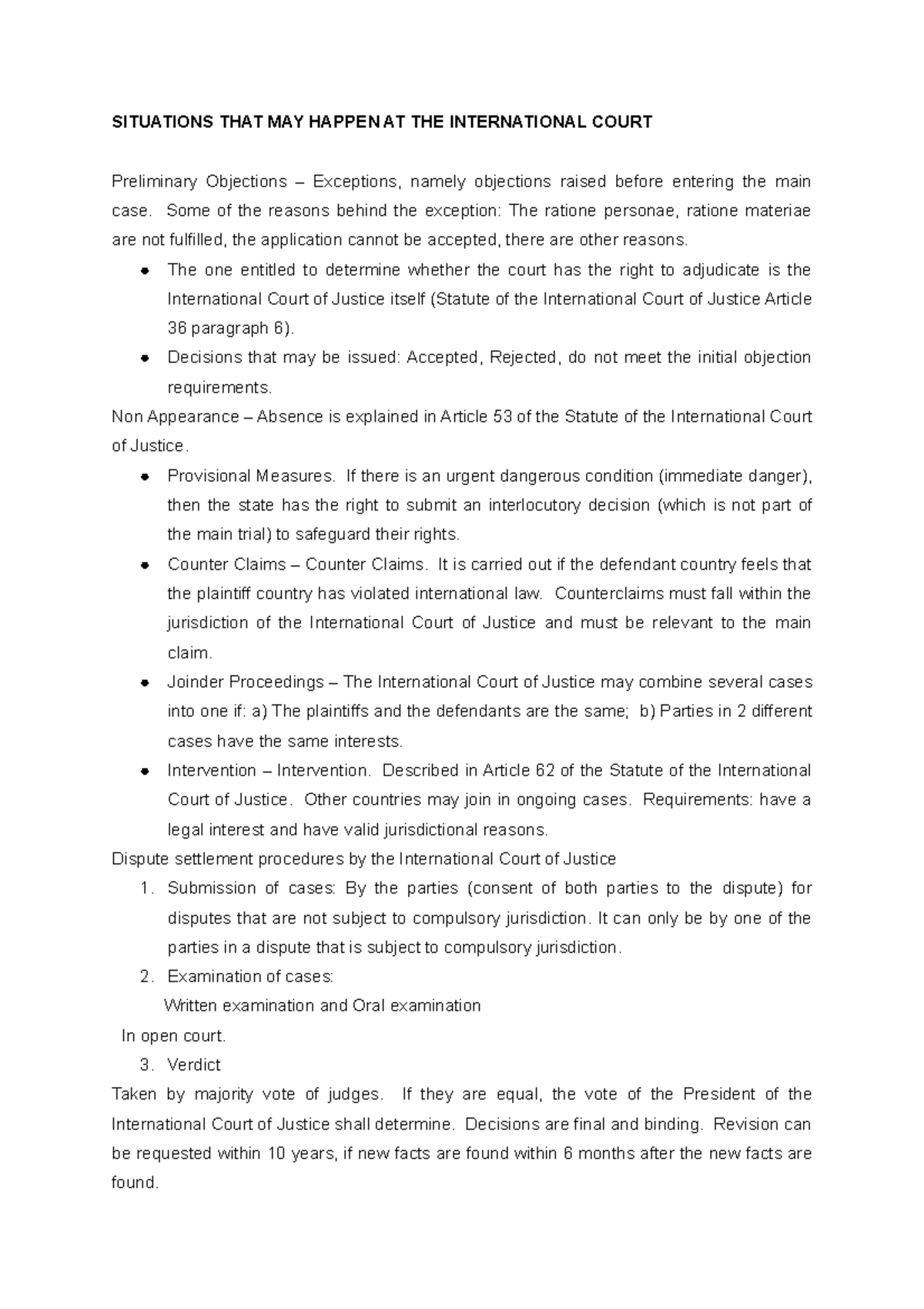 Lecture Notes International Dispute Settlement 5 LAW - SITUATIONS THAT ...