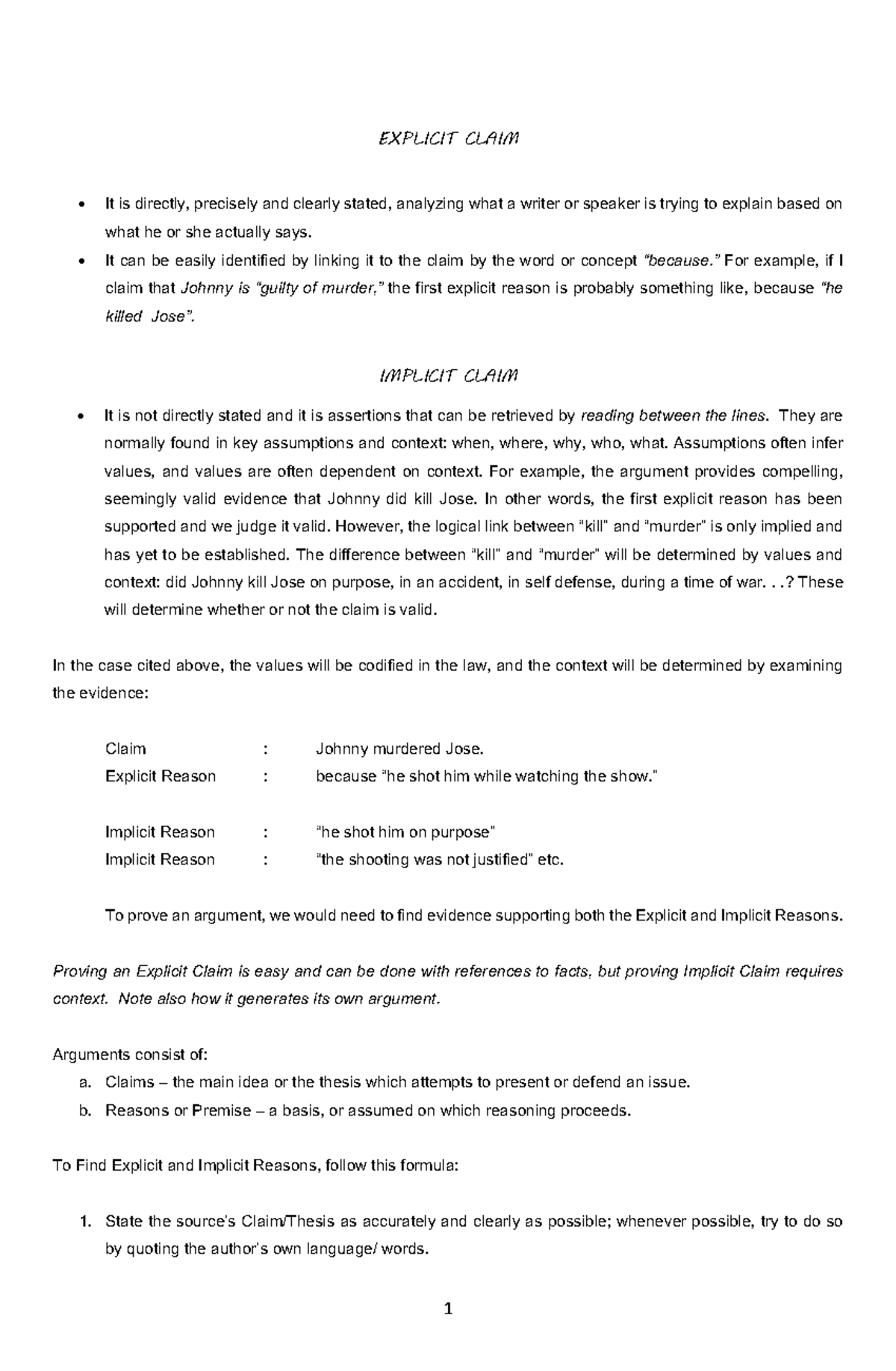 WEEK 8 - English reading and writing - EXPLICIT CLAIM It is directly ...