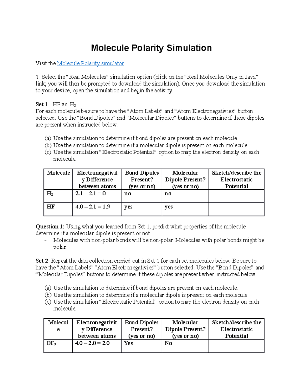 Activity - Molecule polarity demonstration-1 - Molecule Polarity ...