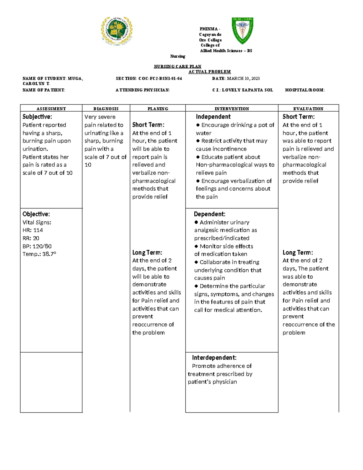 NCP- Template - Ncp - PHINMA - Cagayan de Oro College College of Allied ...
