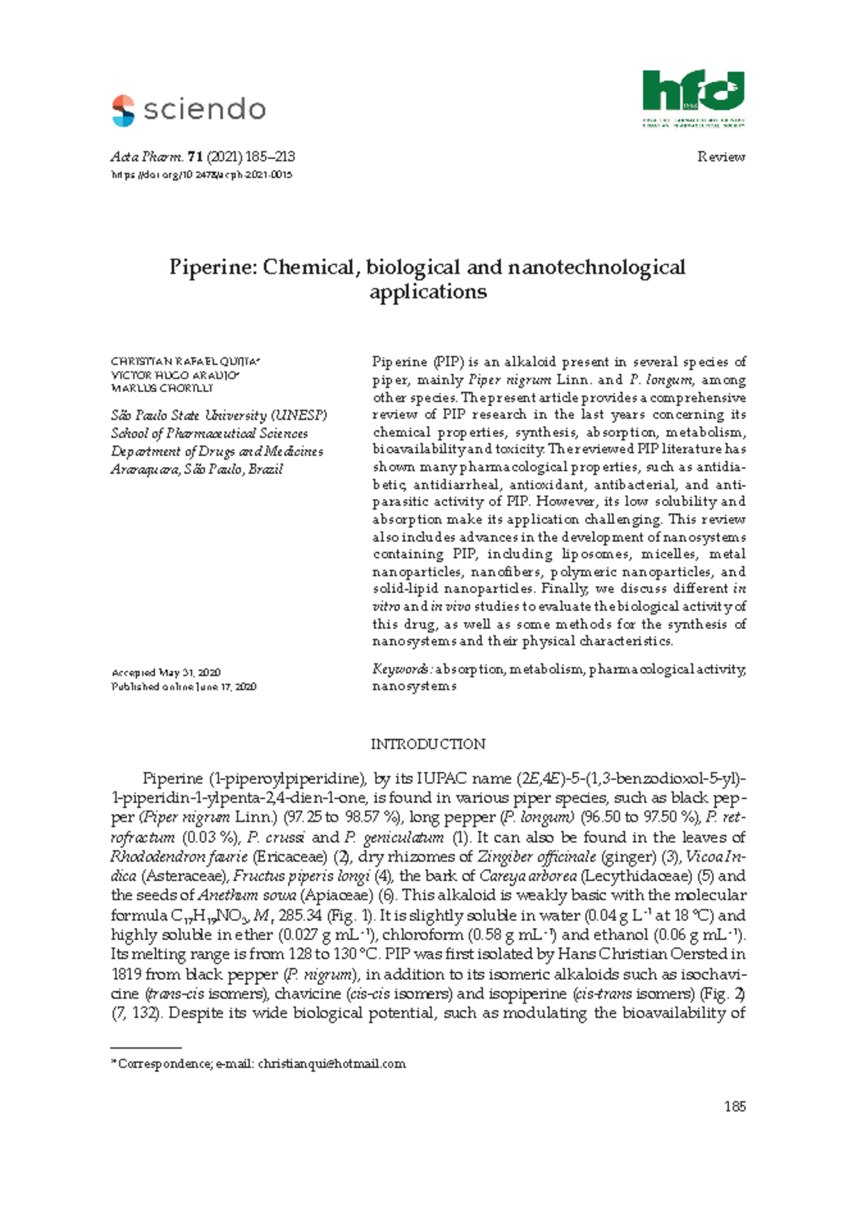 Piperine Chemical biological and nanotechnological applications - Acta ...
