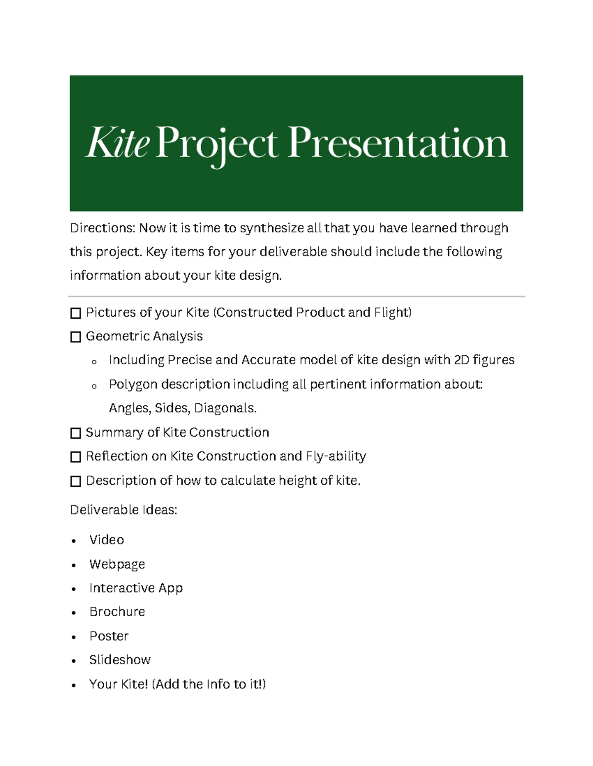 Kite Project Rubric - Directions: Now it is time to synthesize all that ...