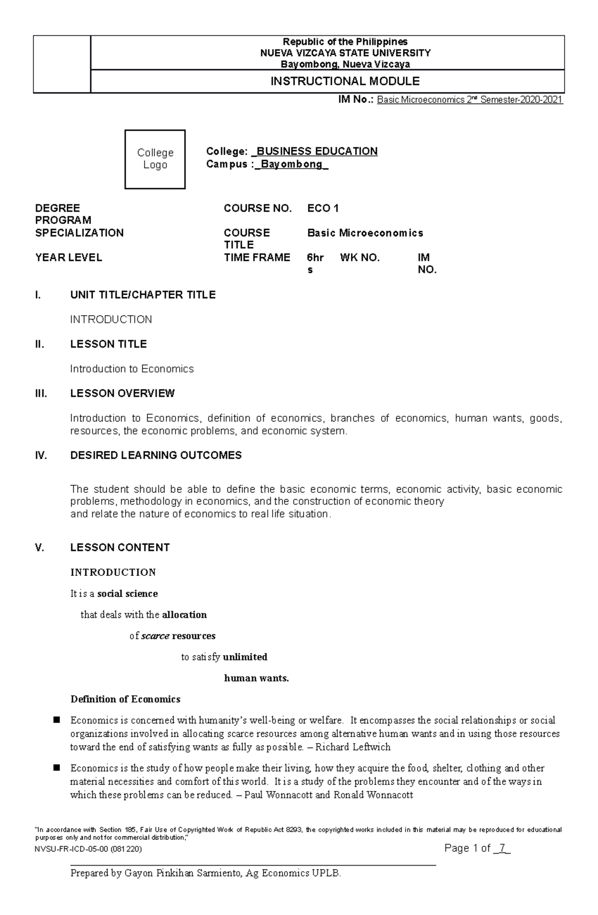Chapter-1-Introduction in Microeconomics anubayan - NUEVA VIZCAYA STATE ...