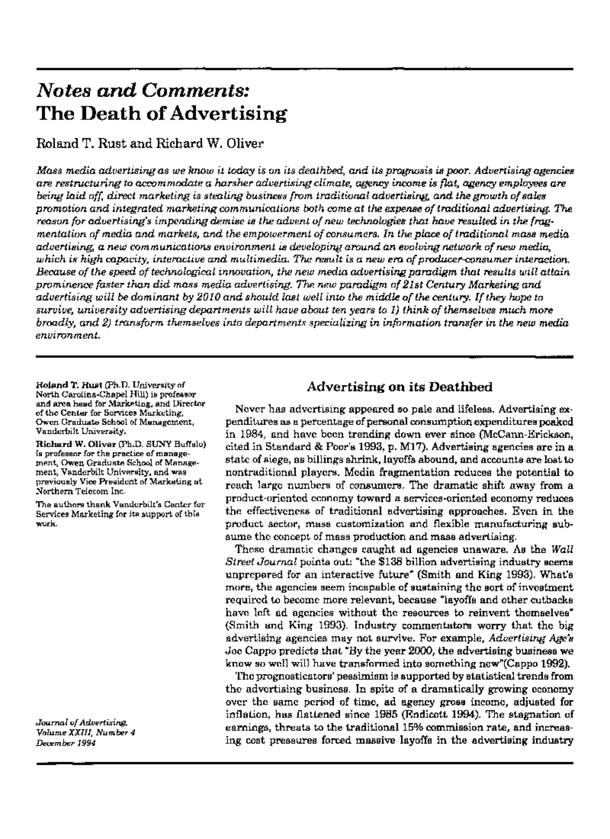 The Death of Advertising - Notes and Comments: The Death of Advertising ...