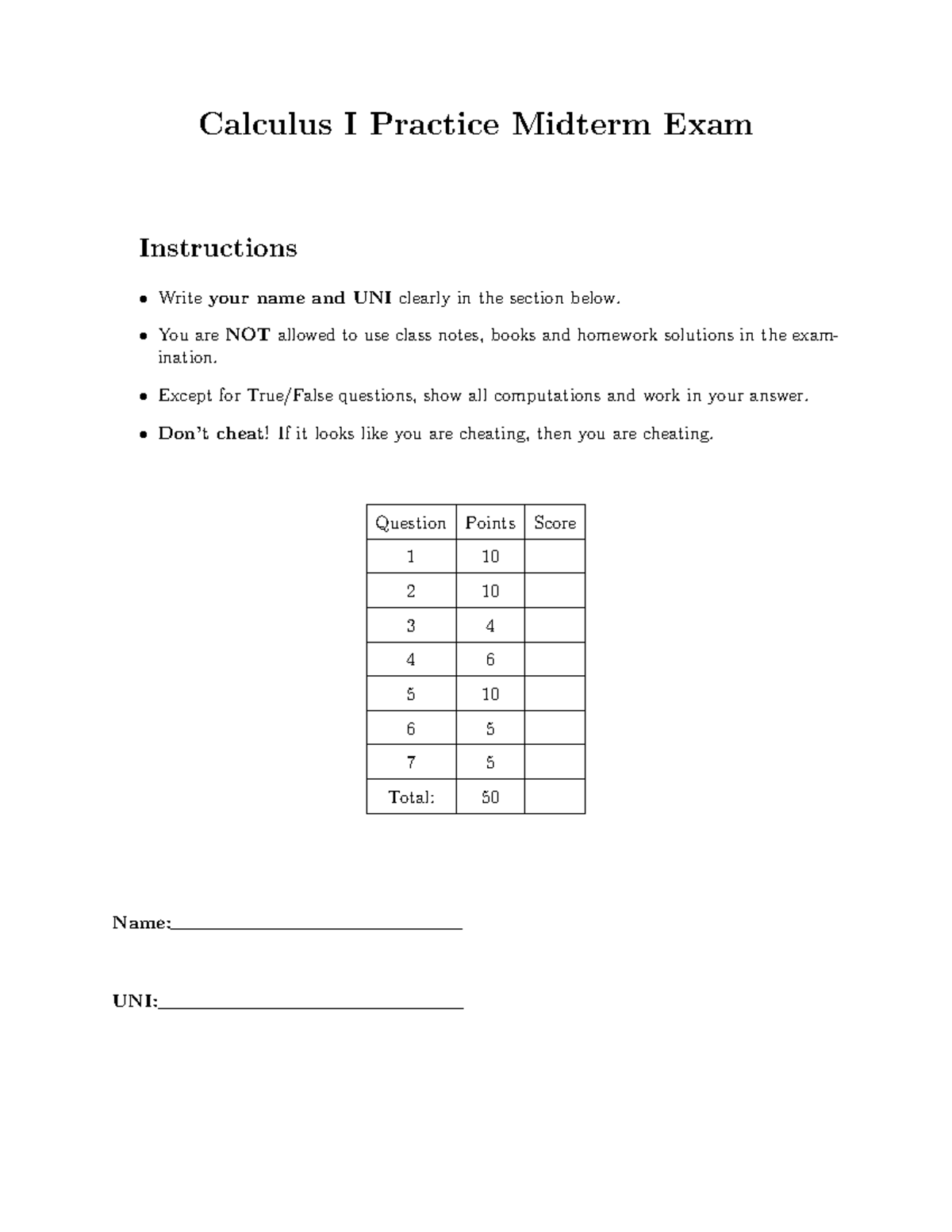 Calc I s20PM1 - exam paper - Calculus I Practice Midterm Exam Instructions Write your name and ...