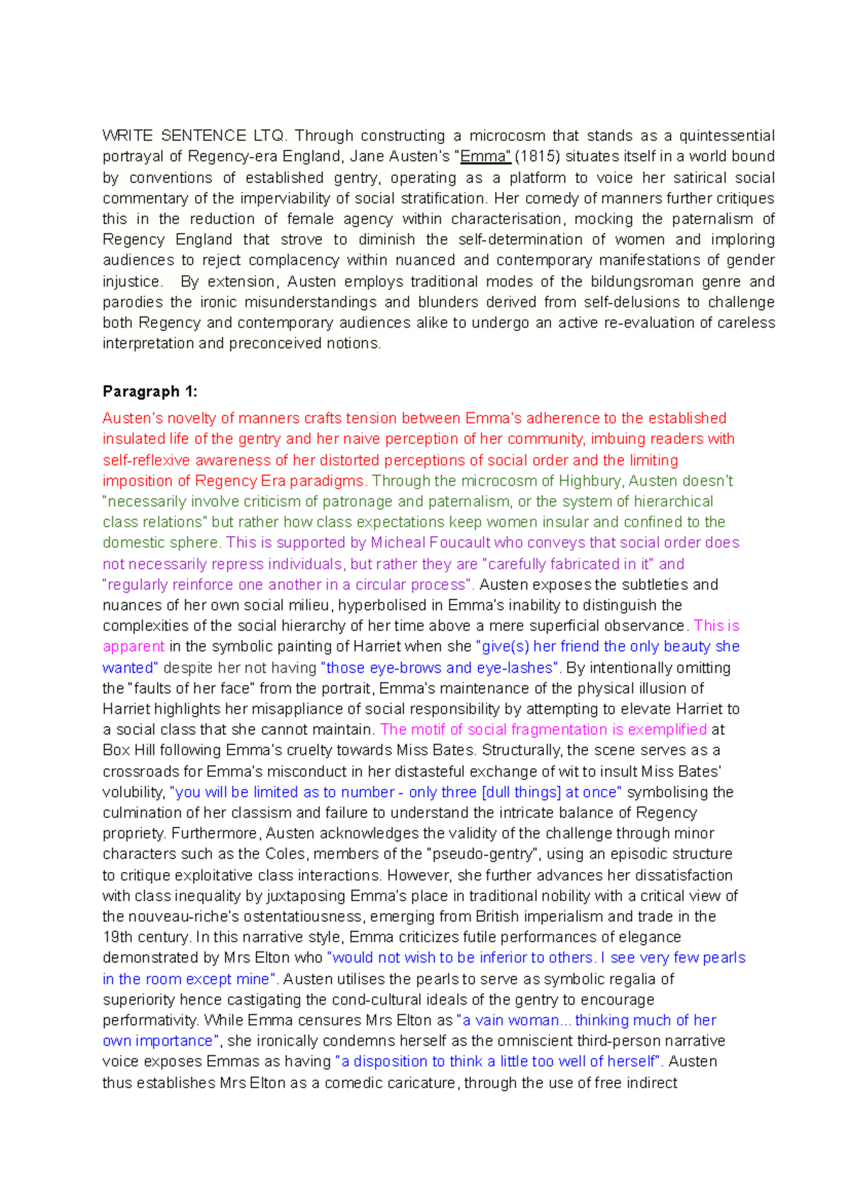 Part a - Emma essay - ryhtejryyyyyyyyyyy - WRITE SENTENCE LTQ. Through ...