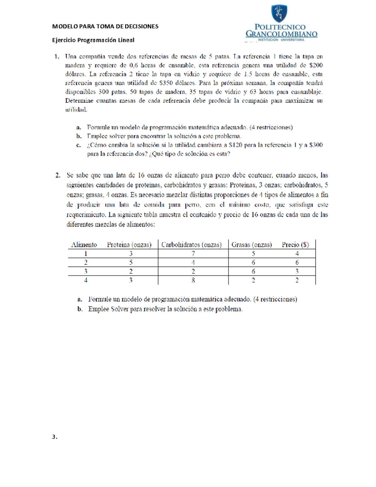 10.3 taller de programacion lineal - MODELO PARA TOMA DE DECISIONES Ejercicio Programación ...