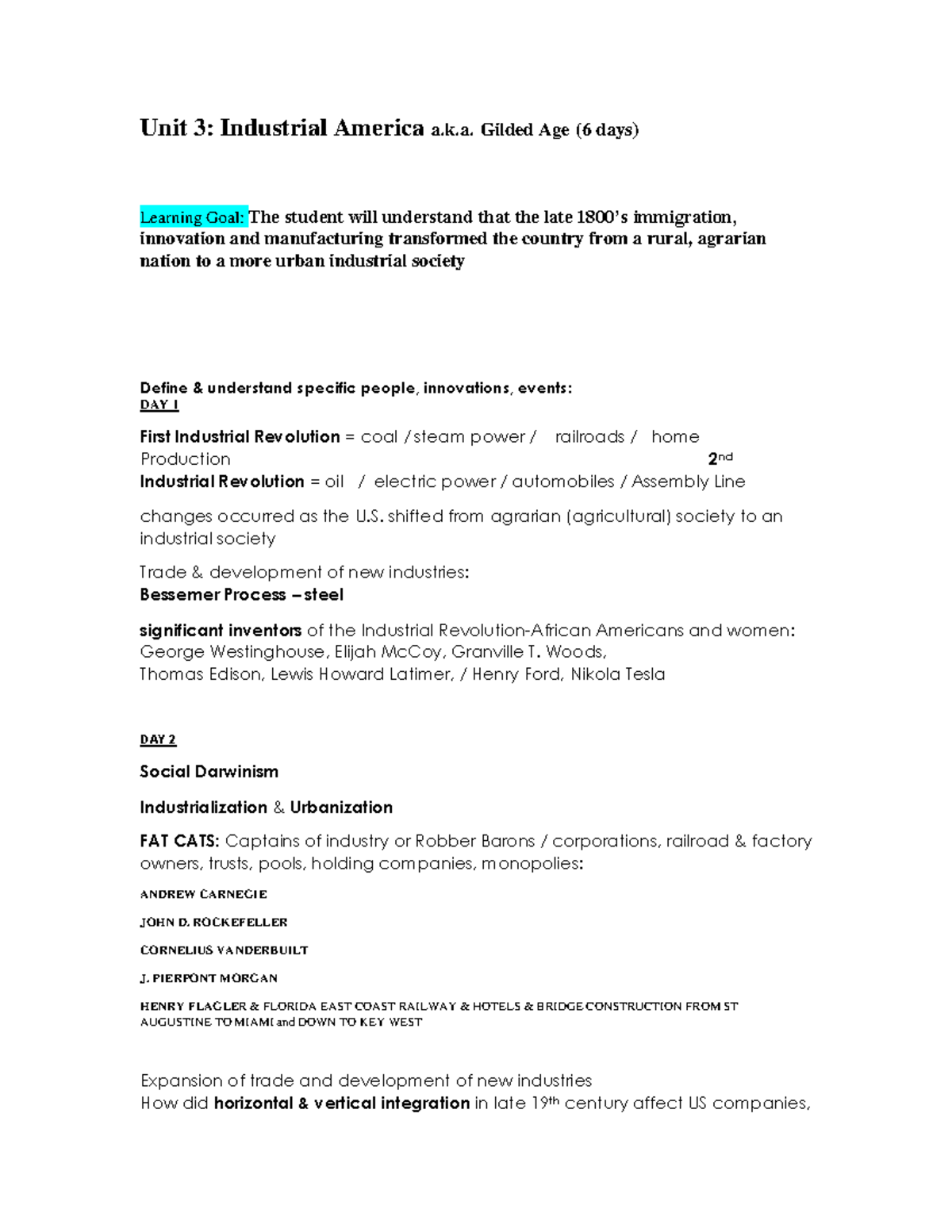 Unit 3 Industrialism & Gilded Age Document - Unit 3 : Industrial ...