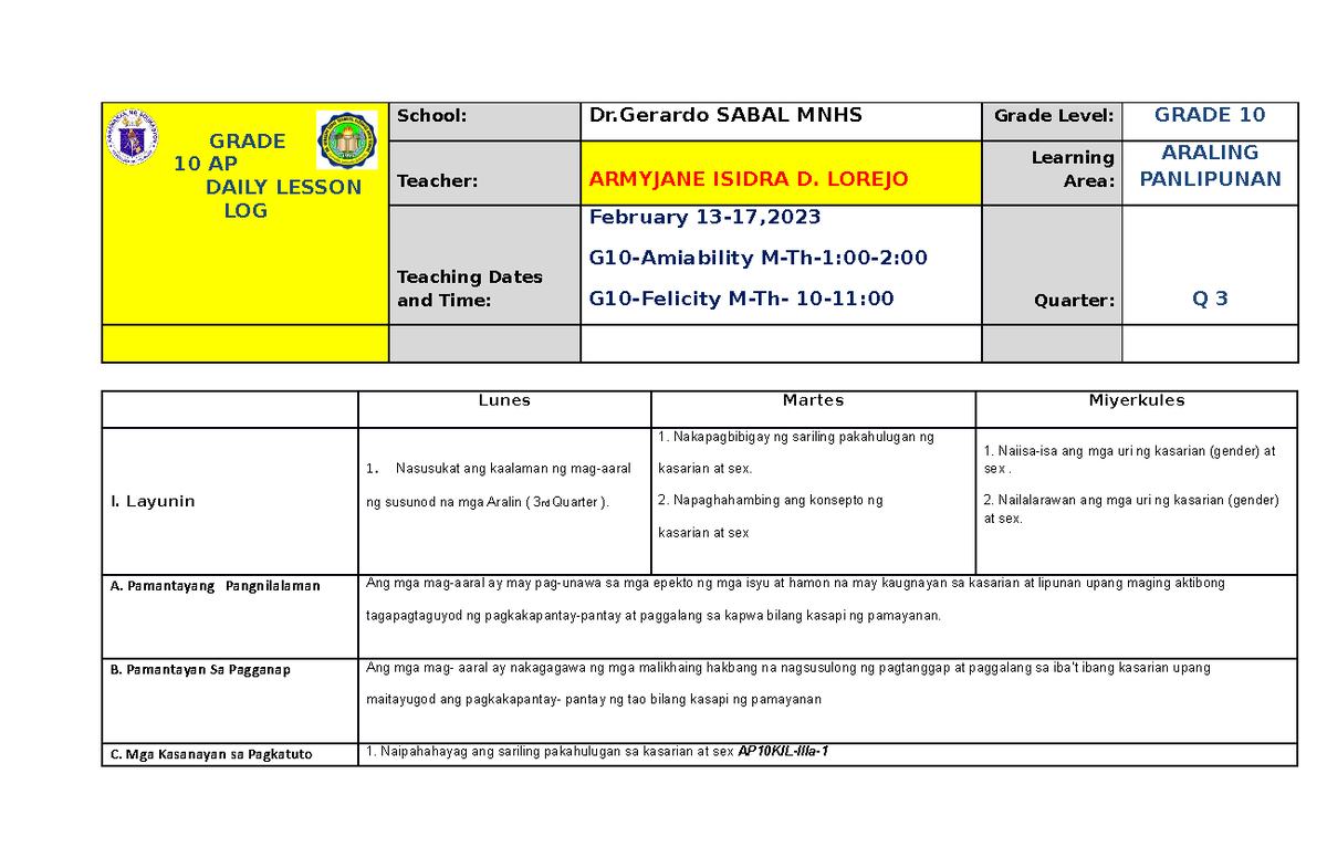 Q3 W1 - Week 1 - GRADE 10 AP DAILY LESSON LOG School: Dr SABAL MNHS ...