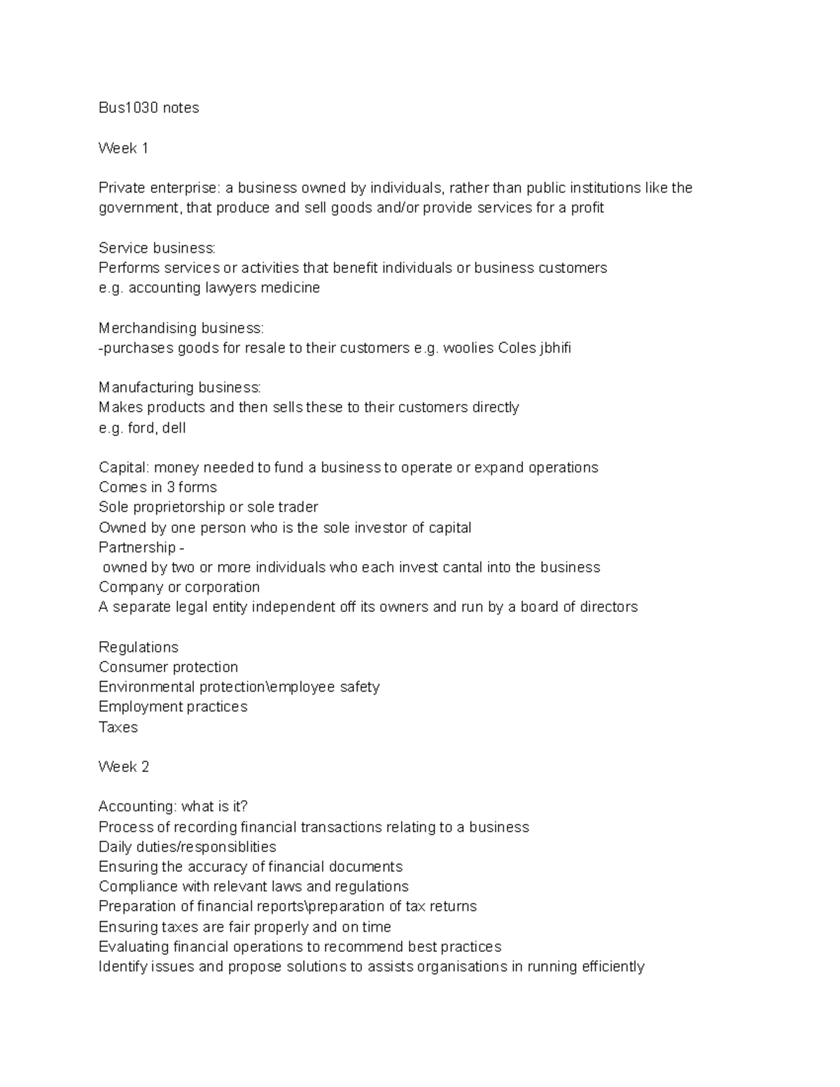 BUSS1030 notes mod1-6 - Bus1030 notes Week 1 Private enterprise: a ...