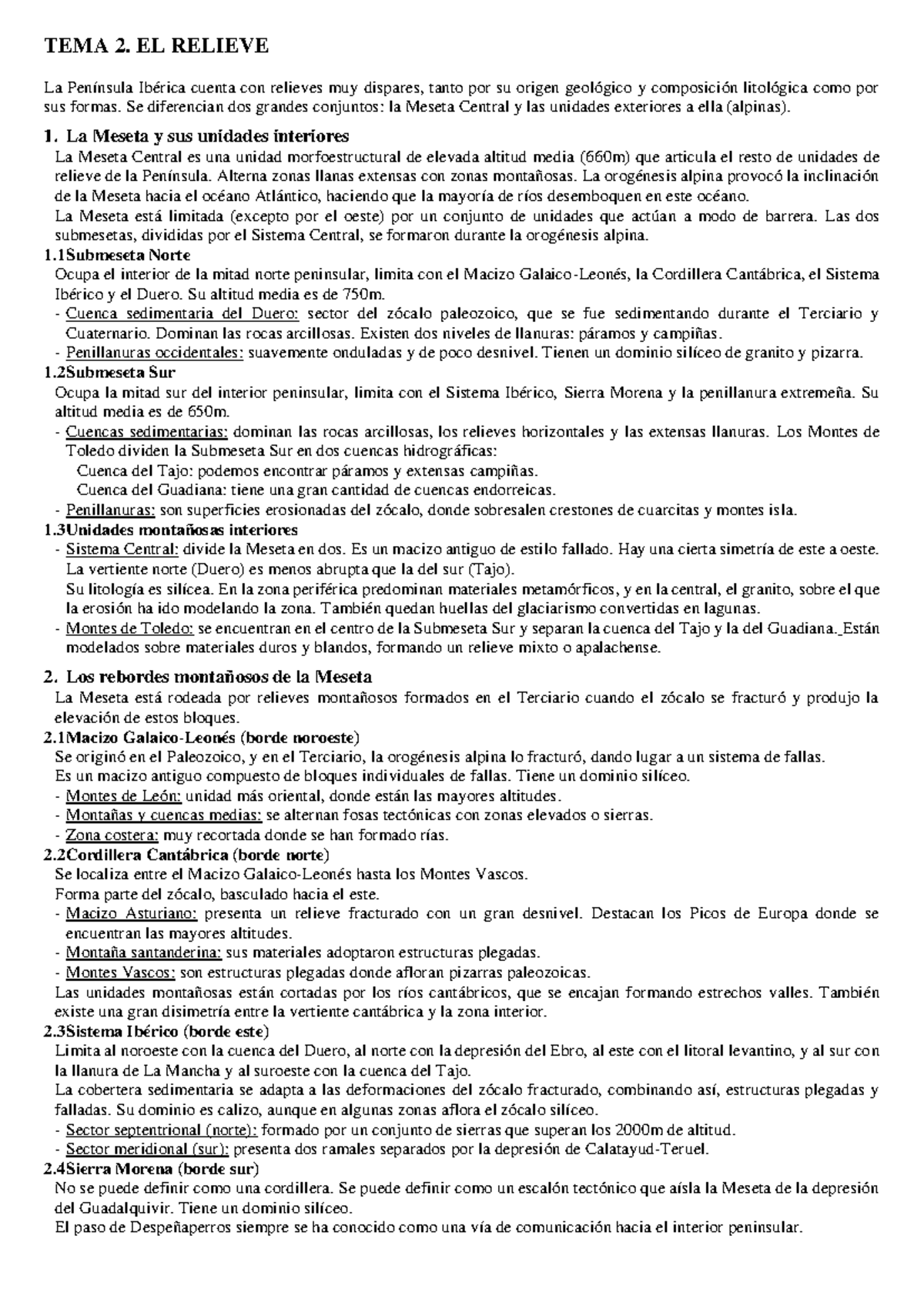 TEMA 2. EL Relieve - TEMA 2. EL RELIEVE La Península Ibérica cuenta con relieves muy dispares ...