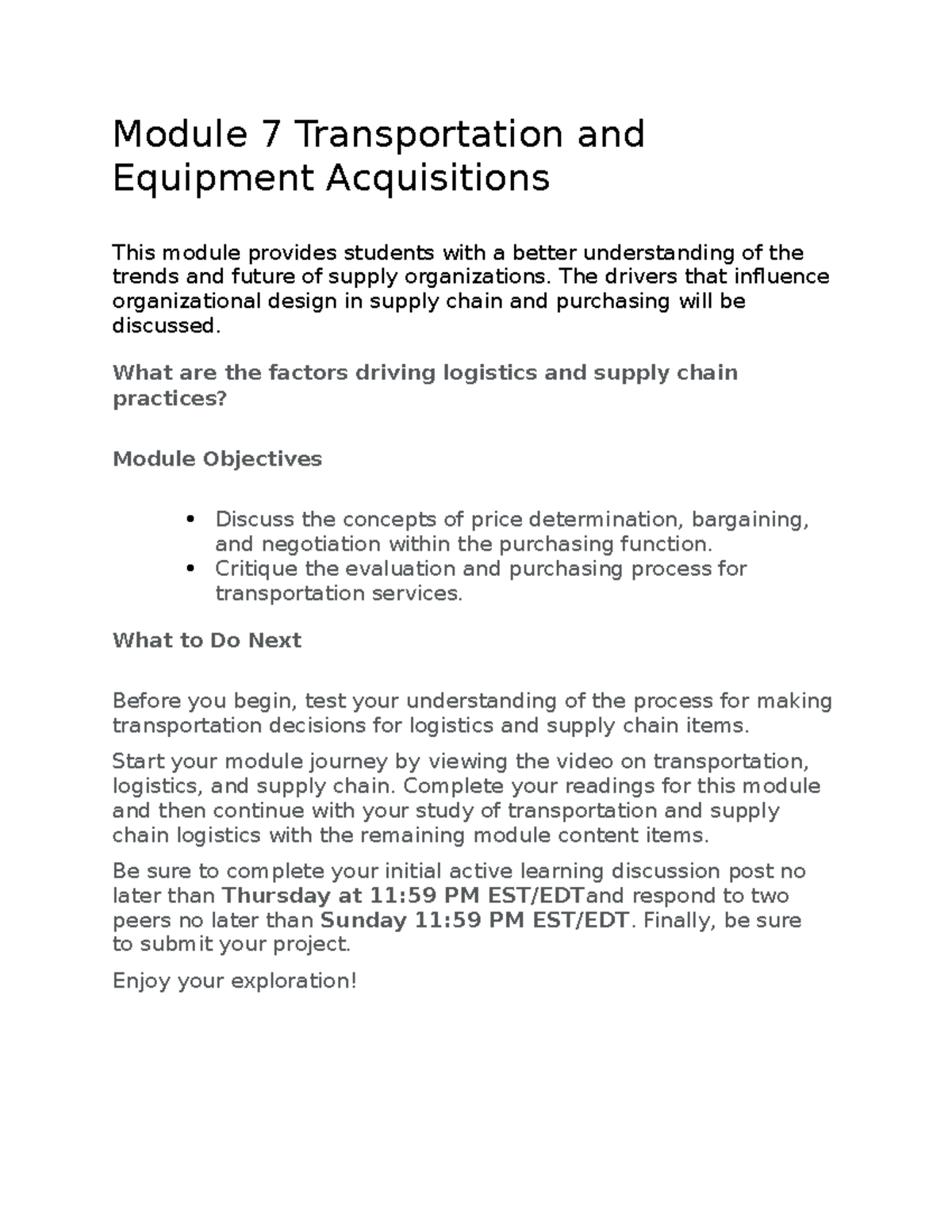MOd Notes - Module 7 Transportation and Equipment Acquisitions This ...