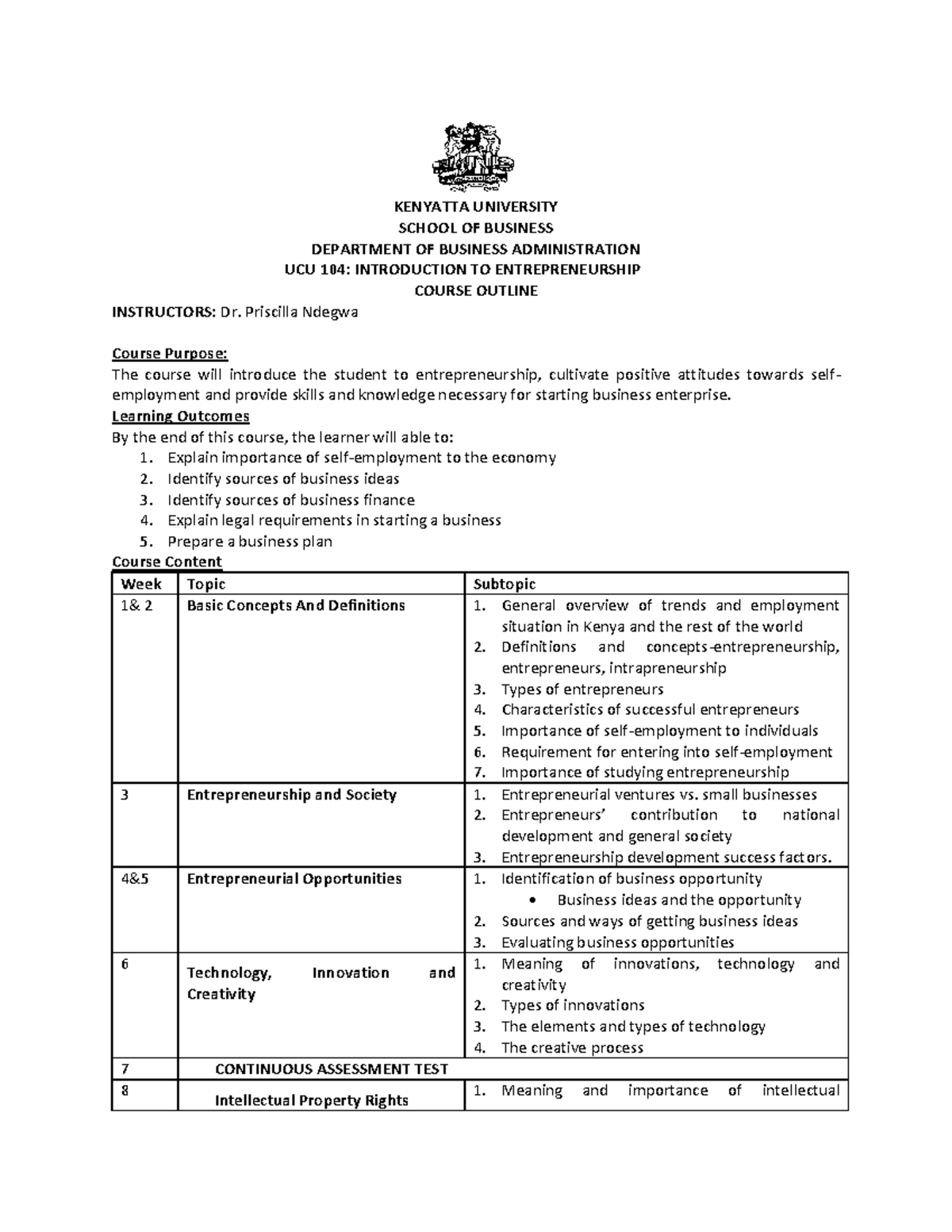 Objectives and Handout UCU 104 - KENYATTA UNIVERSITY SCHOOL OF BUSINESS DEPARTMENT OF BUSINESS ...