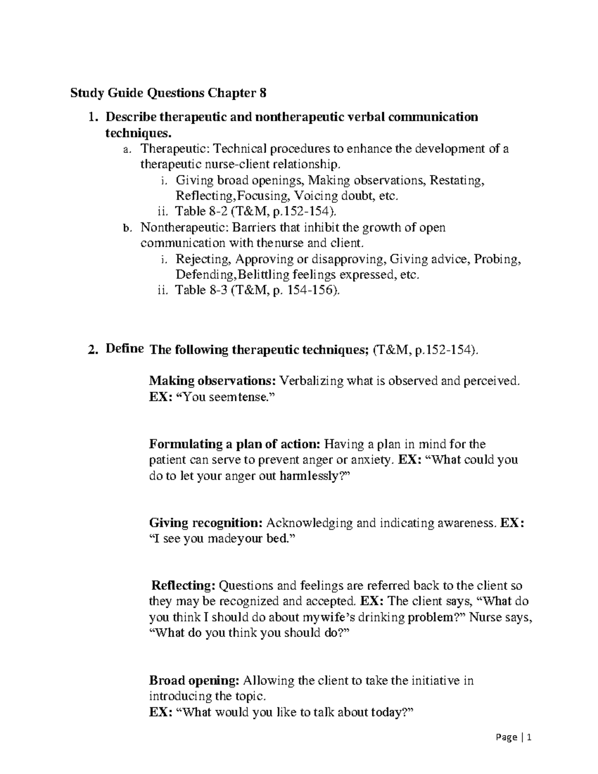 Chapter 8 9 study guide questions - Study Guide Questions Chapter 8 Describe therapeutic and ...