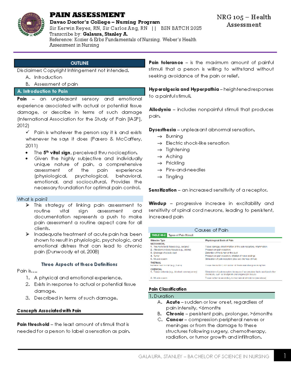 Transes Pain Assessment - PAIN ASSESSMENT NRG 105 – Health Assessment ...