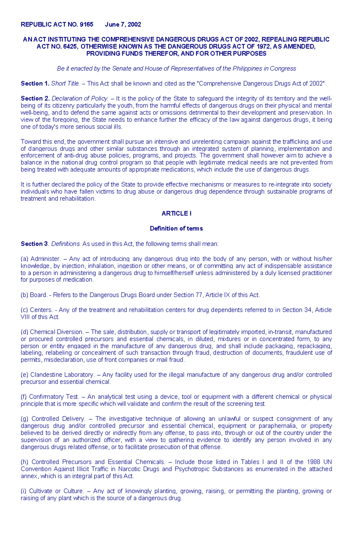 SPL Republic ACT NO. 9165 Comprehensive Dangerous ACT OF 2002 ...