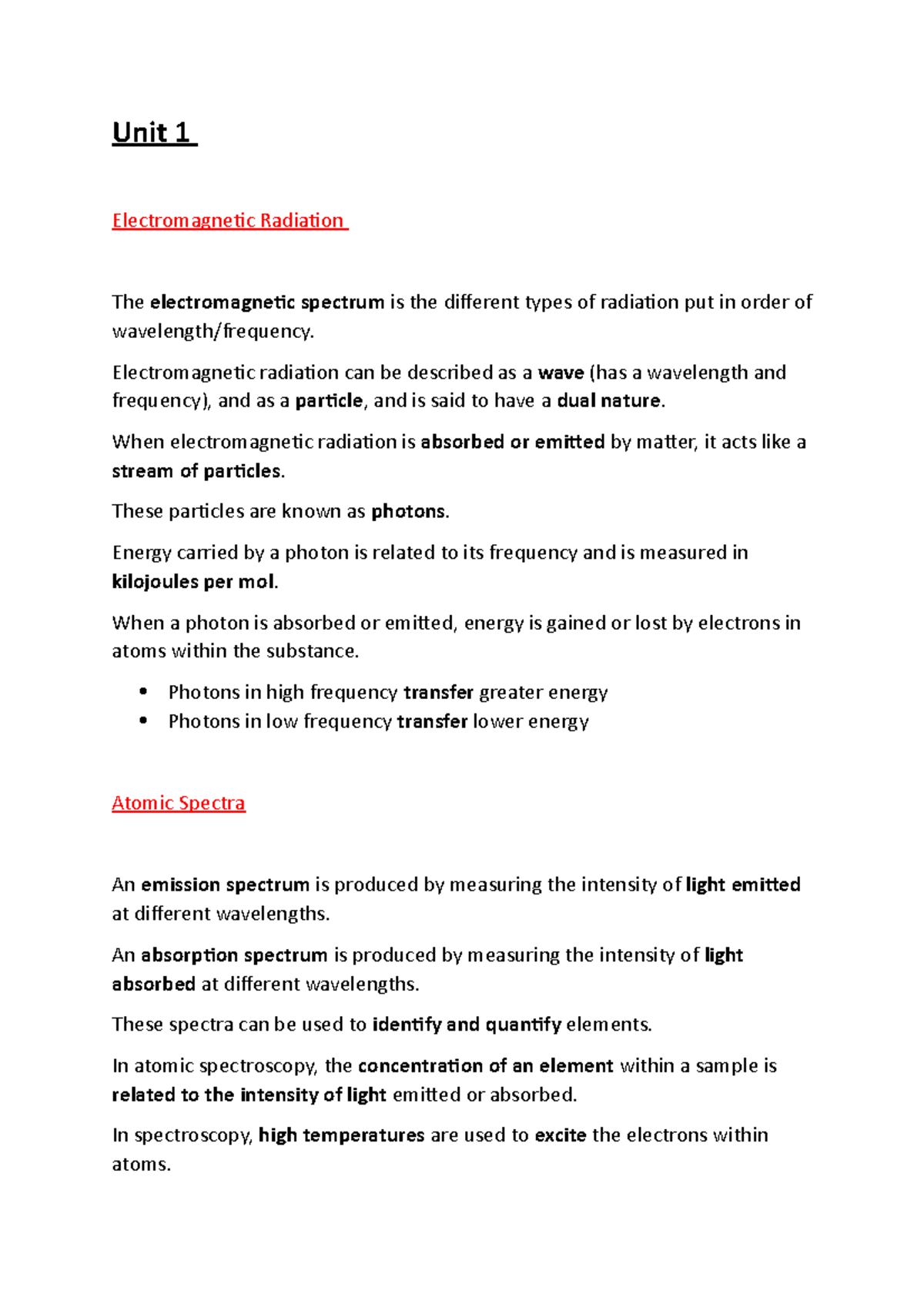 AH Chemistry Notes - Unit 1 Electromagnetic Radiation The ...
