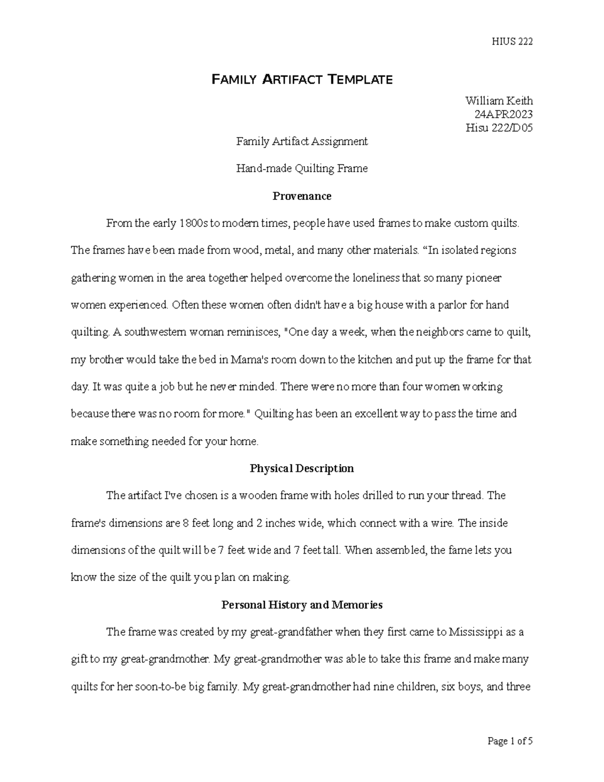 Family Artifact - FAMILY ARTIFACT TEMPLATE William Keith 24APR Hisu 222 ...