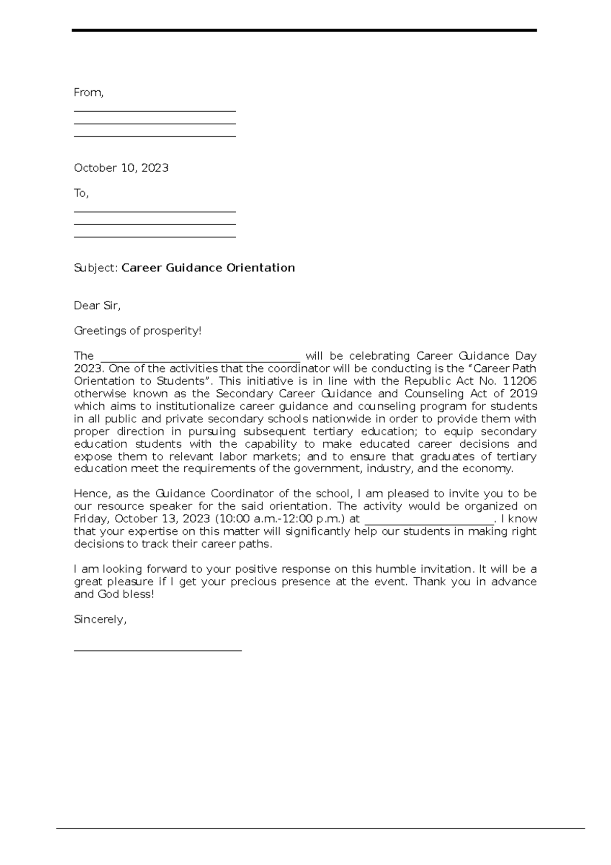 LETTER SAMPLE DOC - From, October 10, 2023 To, Subject: Career Guidance ...