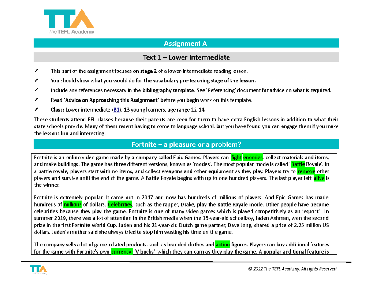 Assignment A Step1 Text1-Lower Intermediate Template Final - Assignment A Text 1 – Lower - Studocu