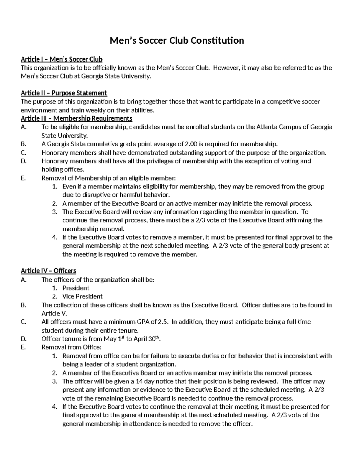 Club Constitution - N/A - Men’s Soccer Club Constitution Article I ...