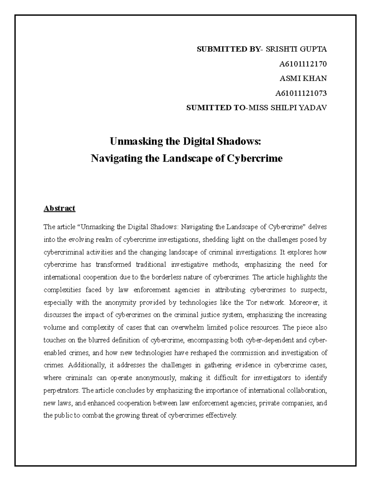 Criminology - SUBMITTED BY- SRISHTI GUPTA A ASMI KHAN A SUMITTED TO ...