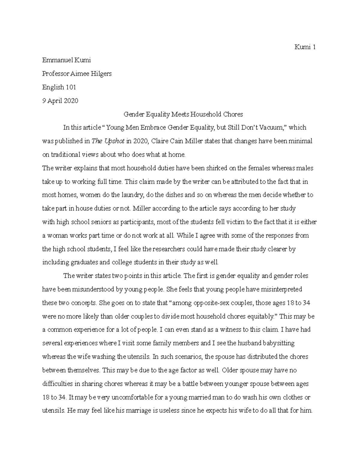 Summary Response Essay - Emmanuel Kumi Professor Aimee Hilgers English ...