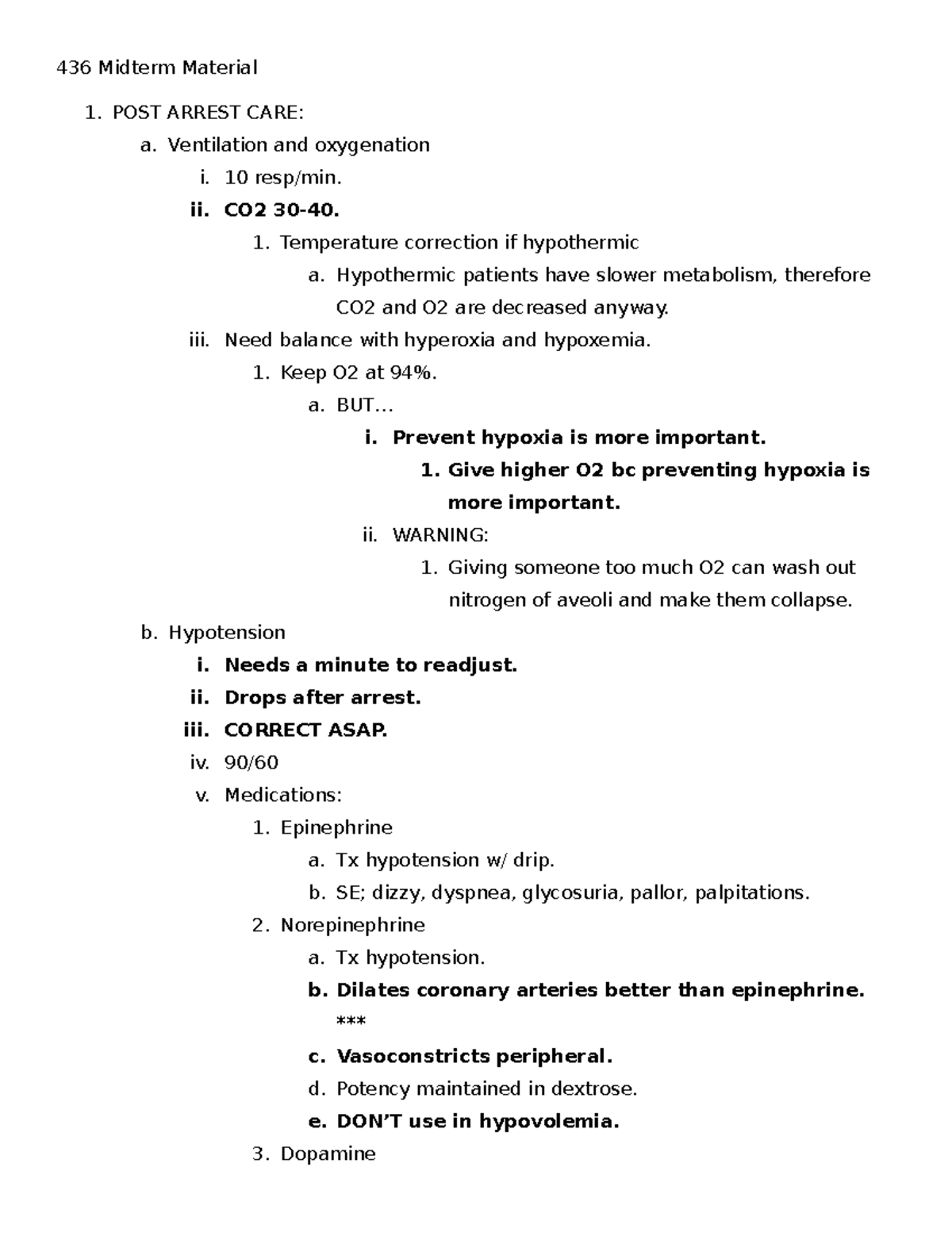 436 Midterm Material - notes - 436 Midterm Material POST ARREST CARE: a ...