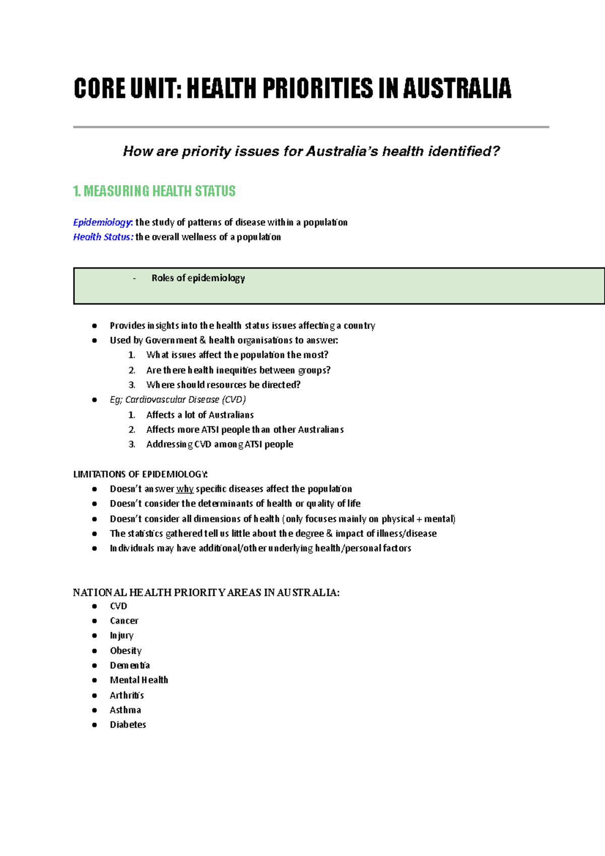 Pdhpe HSC - Health Priorities in Australia copy - CORE UNIT: HEALTH ...