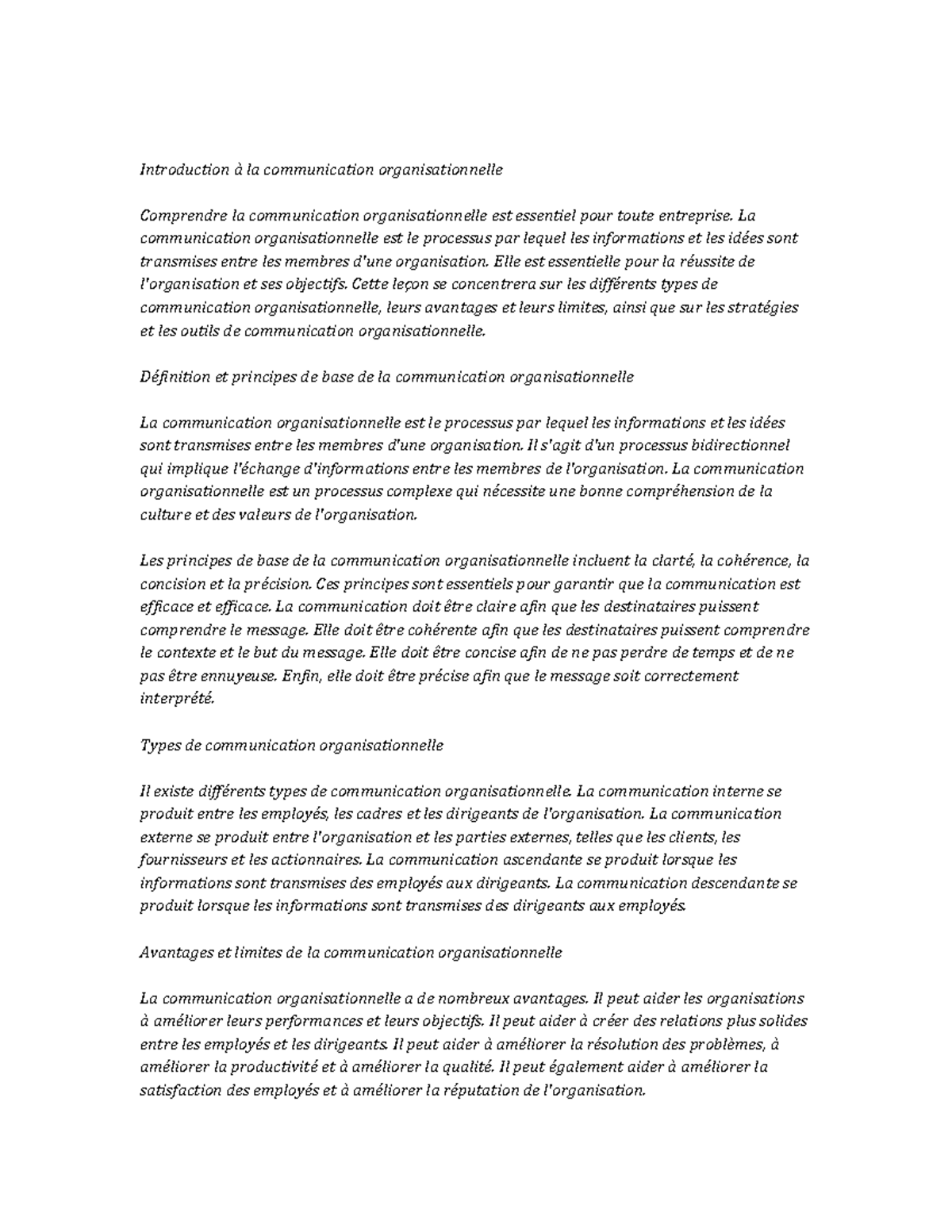 Organizational Communication note study - Introduction à la ...