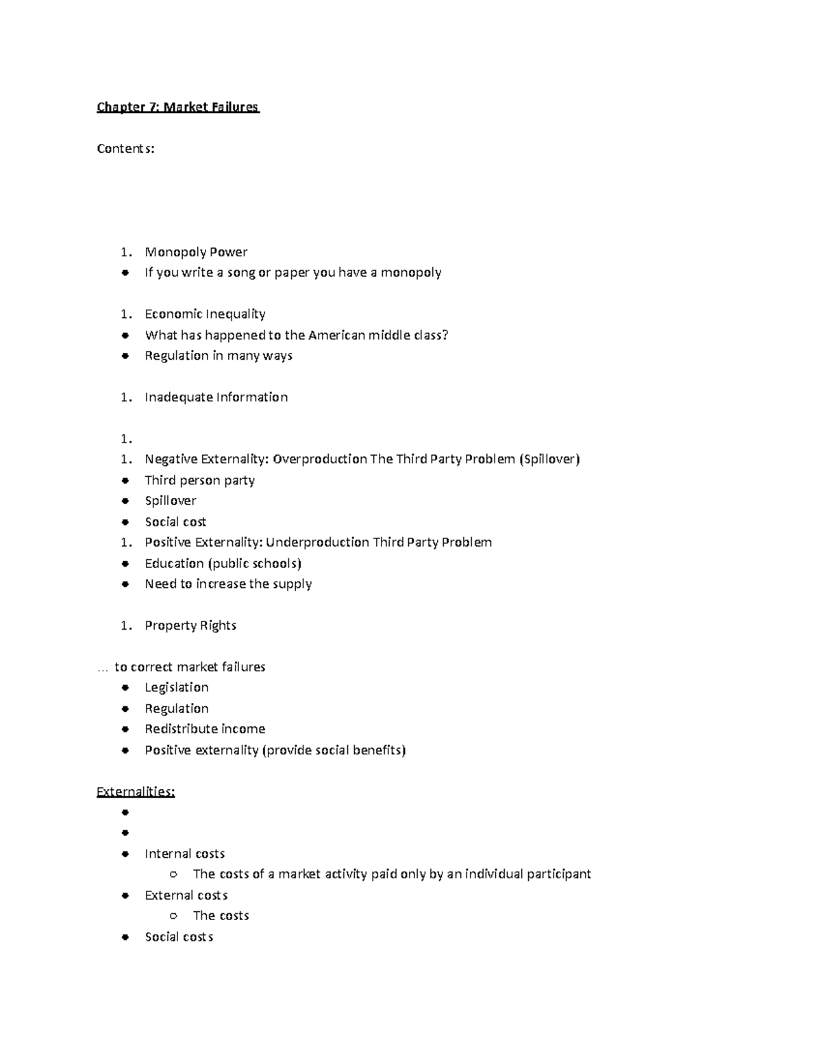 Microeconomics Notes Four Chapter 7 Market Failures Contents