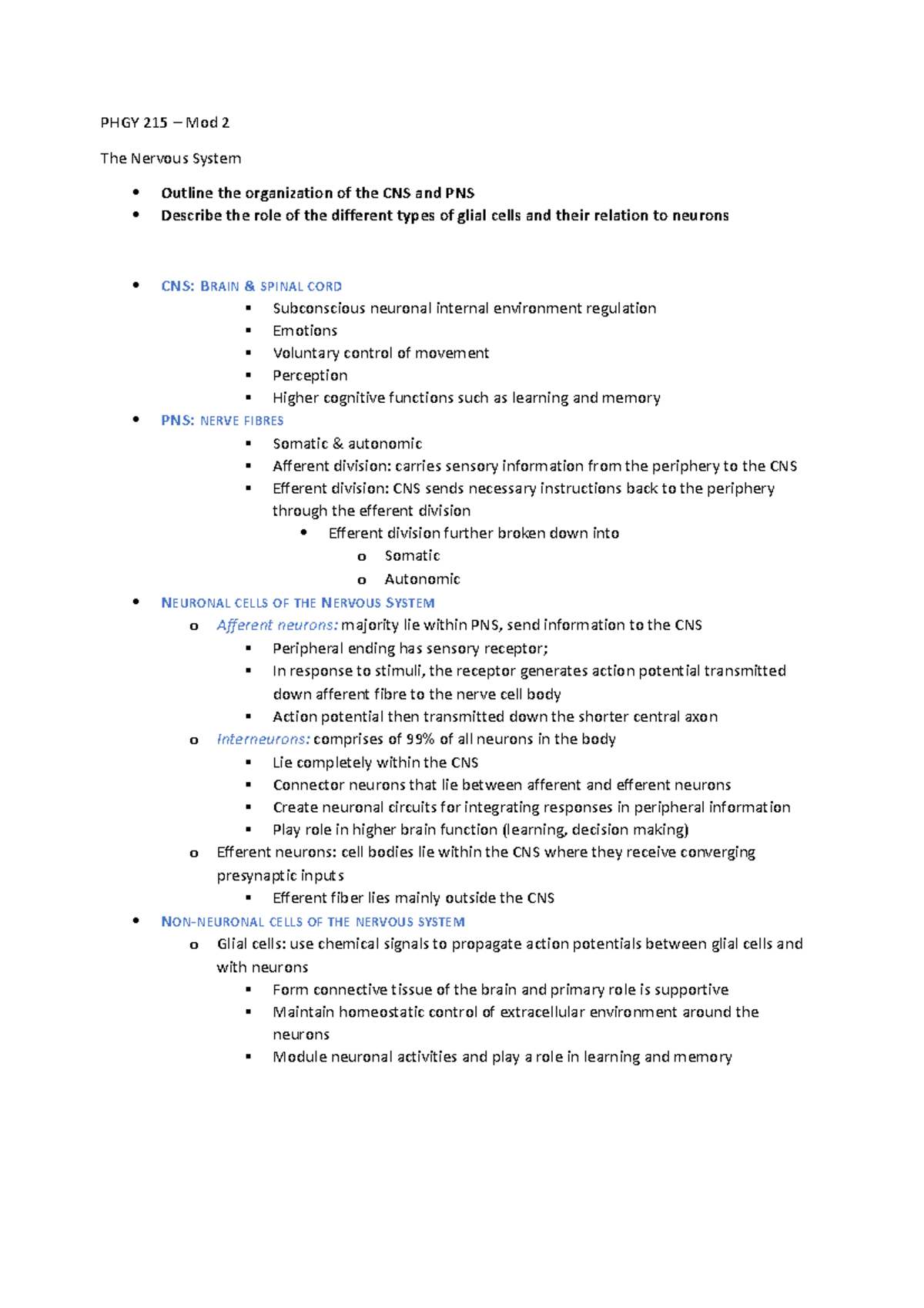 PHGY 215 - Mod 2 - Lecture notes - PHGY 215 – Mod 2 The Nervous System ...