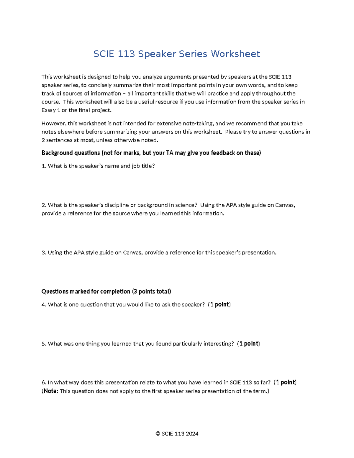 Worksheet Speaker Series - SCIE 113 Speaker Series Worksheet This ...