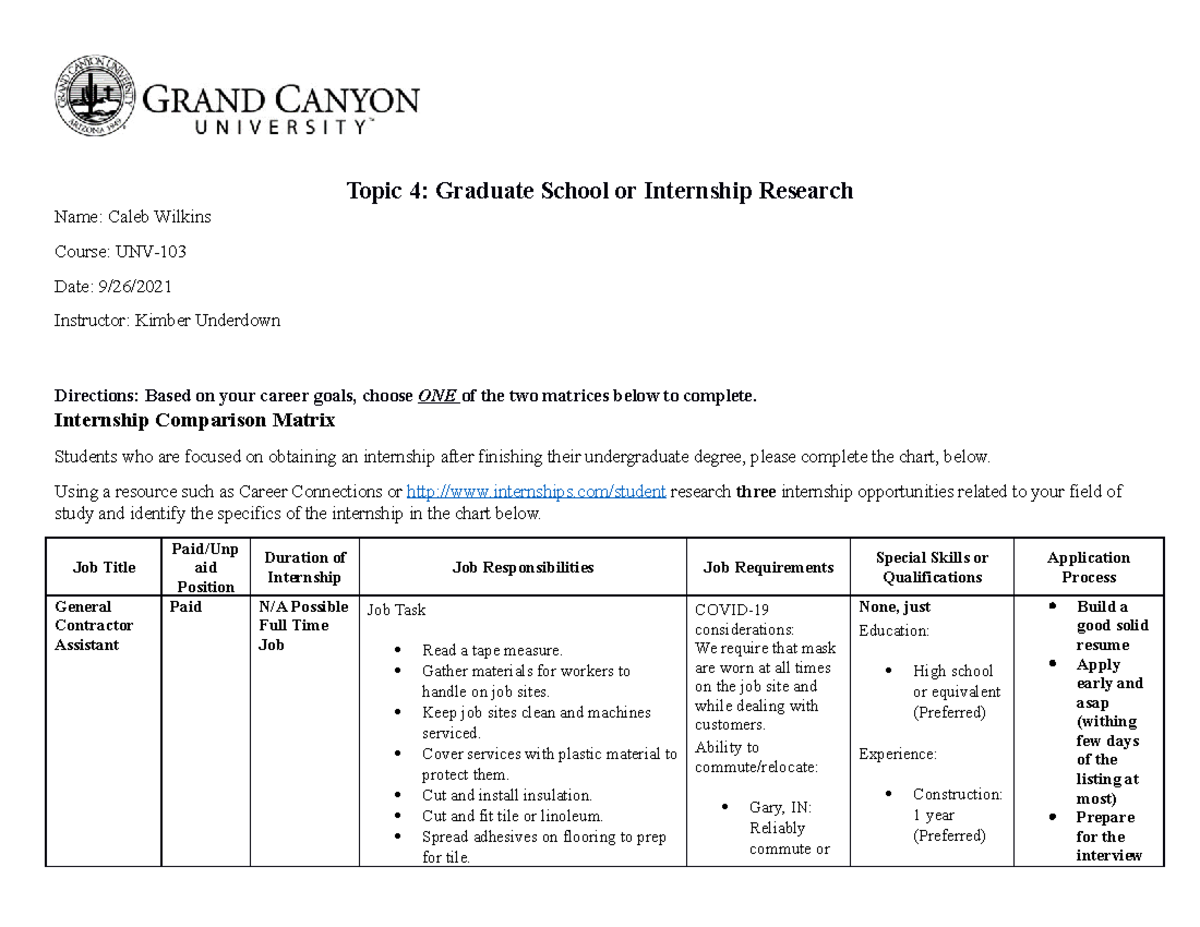 UNV 103 T4 Graduate Schoolor Internship Worksheet - Topic 4: Graduate ...