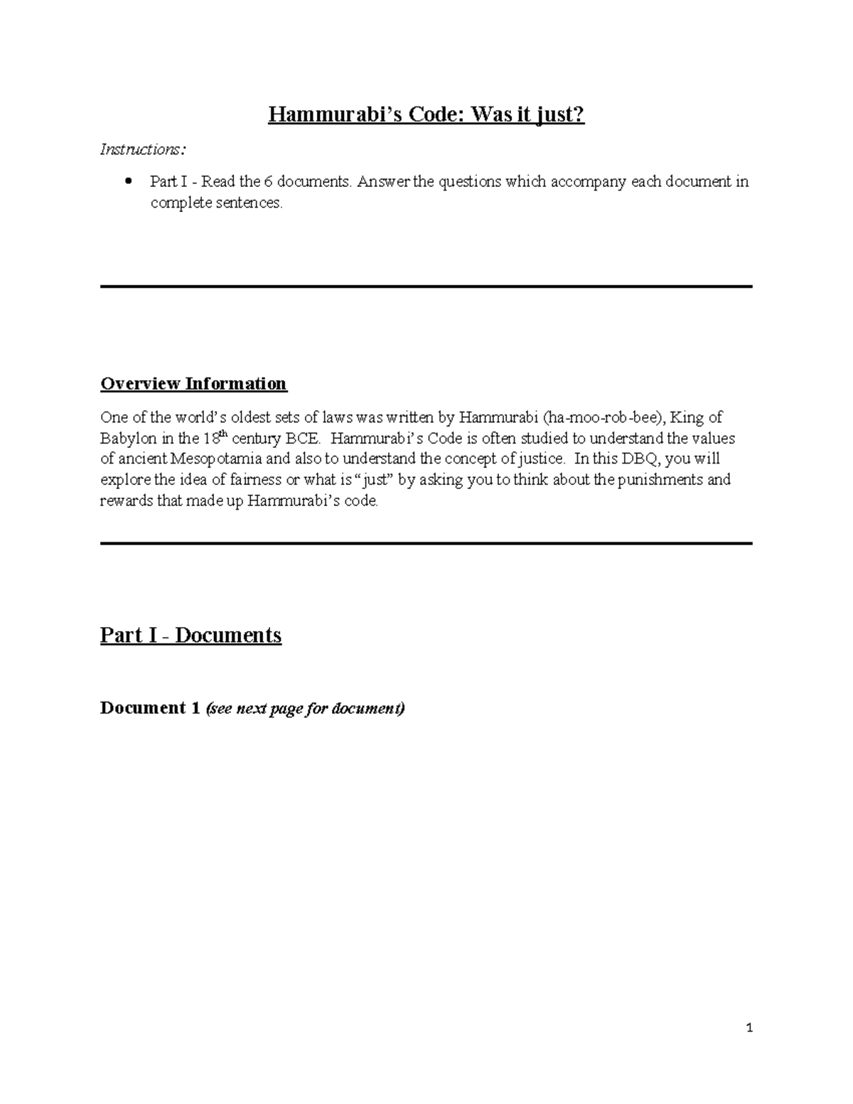 Hammurabi's Code DBQ - this is an answersheet feel free to use ...