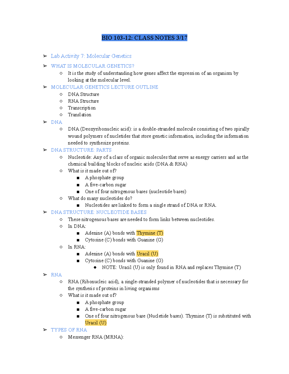 BIO 103 - Molecular Genetics - BIO 103-12: CLASS NOTES 3/ Lab Activity ...