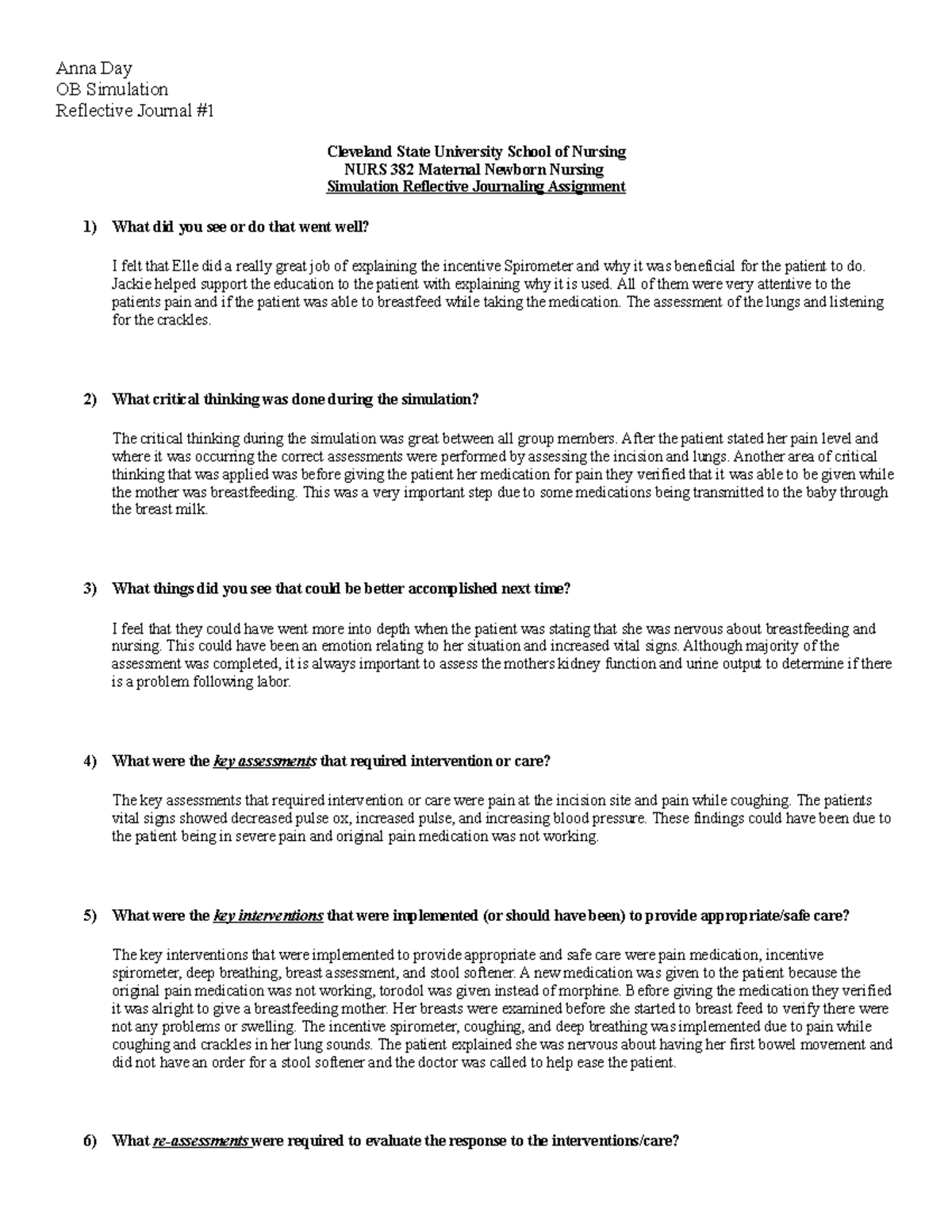 OB Simulation Reflective Jounral Post Sim #2 - Anna Day OB Simulation Reflective Journal ...