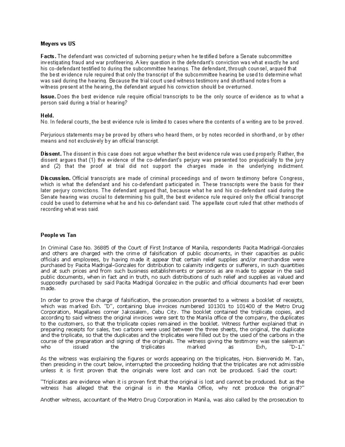 Meyers vs US - WF rW - Meyers vs US Facts. The defendant was convicted ...
