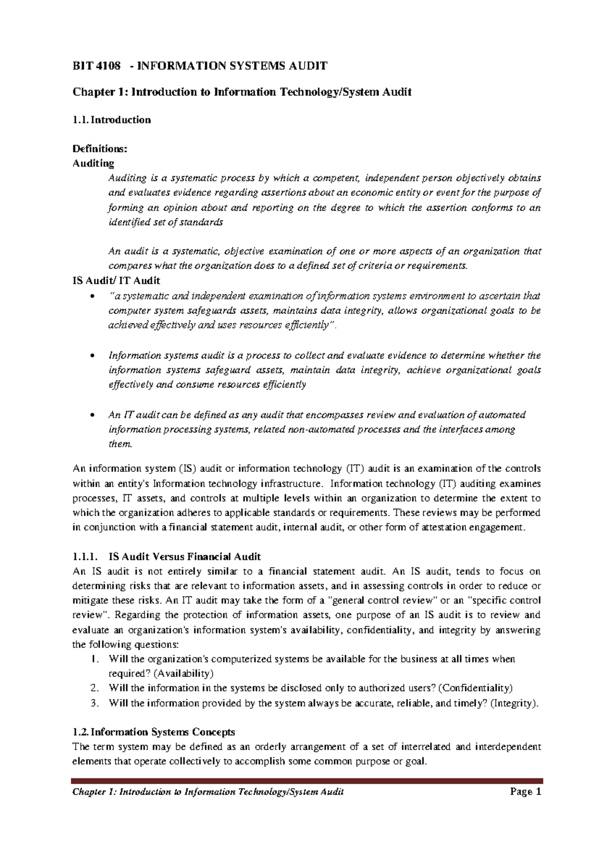Chapter 1 - Introduction to Information System Audit - BIT 4108 ...