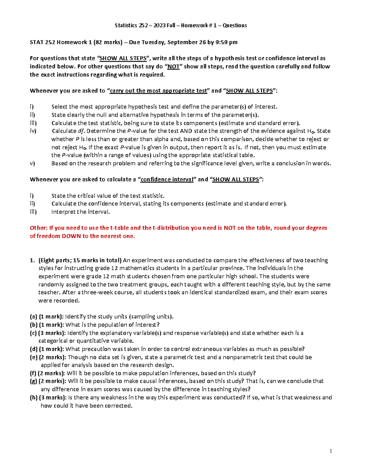 STAT 252-2023 Fall-HW1-Questions - STAT 252 Homework 1 (82 marks) – Due Tuesday, September 26 by ...