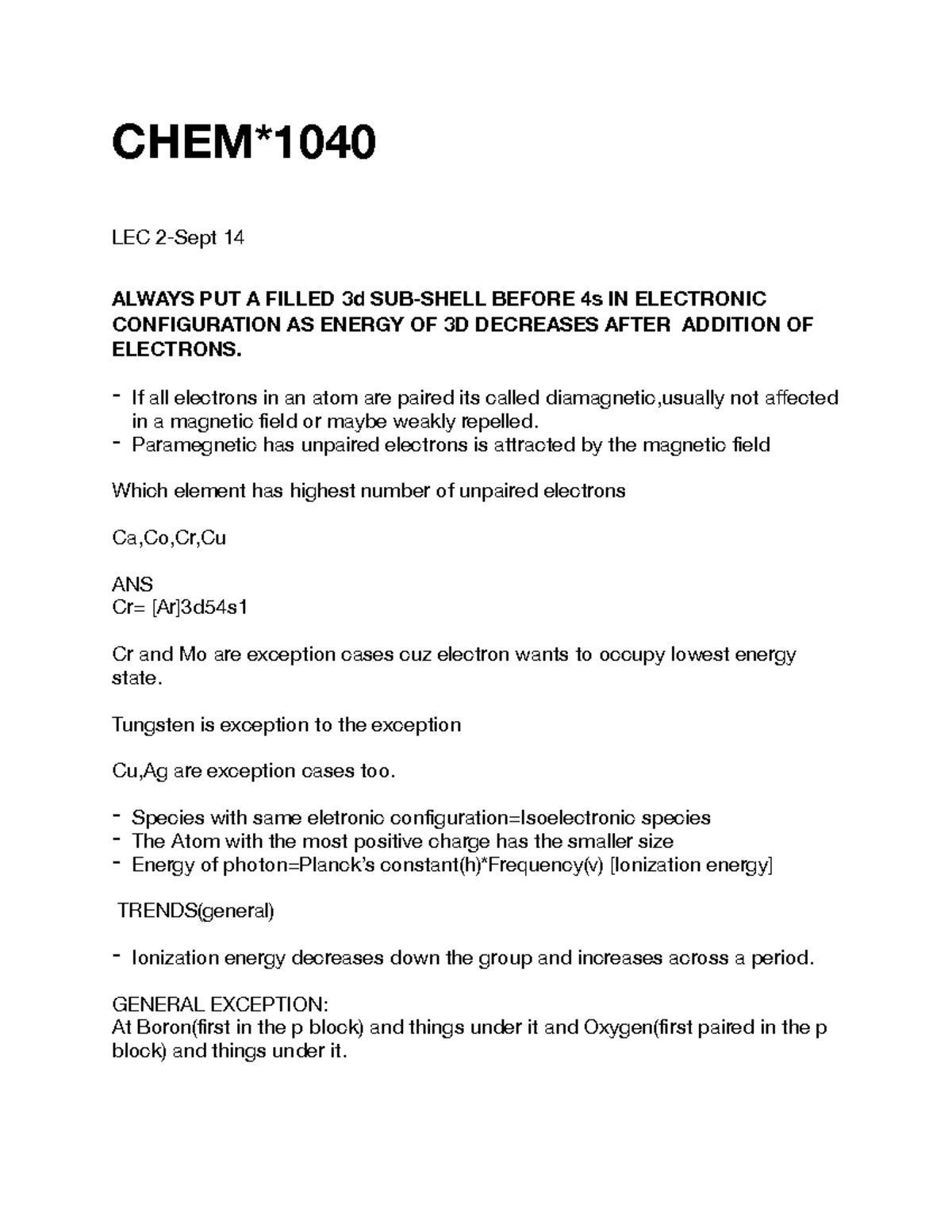 CHEM 1040 - Dr Delaat - CHEM* LEC 2-Sept 14 ALWAYS PUT A FILLED 3d SUB ...