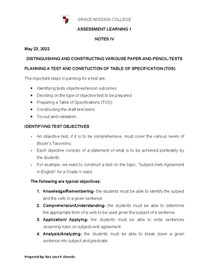Assessment in Learning 1-Module 4 - GRACE MISSION COLLEGE ASSESSMENT ...