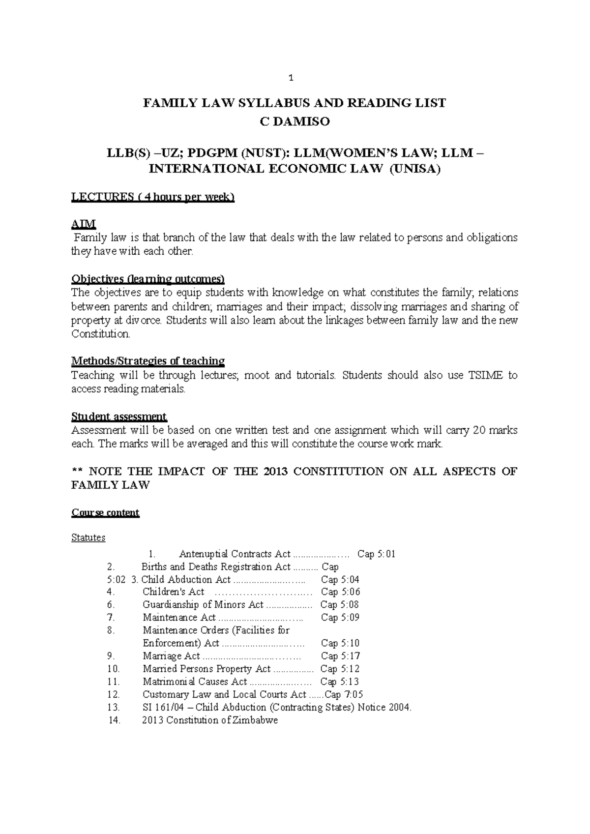 2023 - Family LAW Course outline and reading list - FAMILY LAW SYLLABUS ...