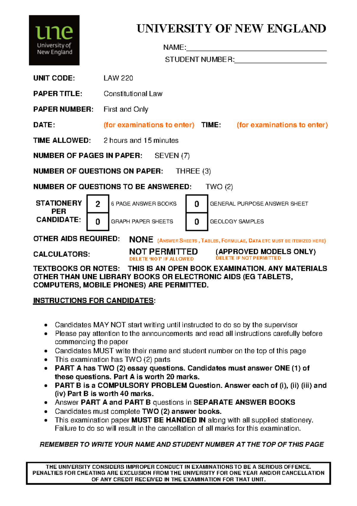 UNE CON LAW LAW 220 2018 EXAM Paper Template - THE UNIVERSITY CONSIDERS ...